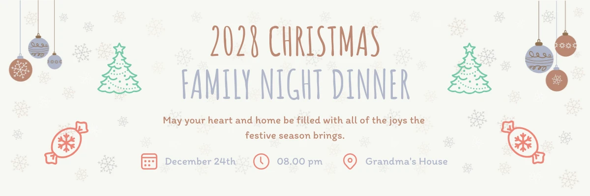 Grey Fun Cheerful Illustration Family Dinner Christmas Banner - Venngage