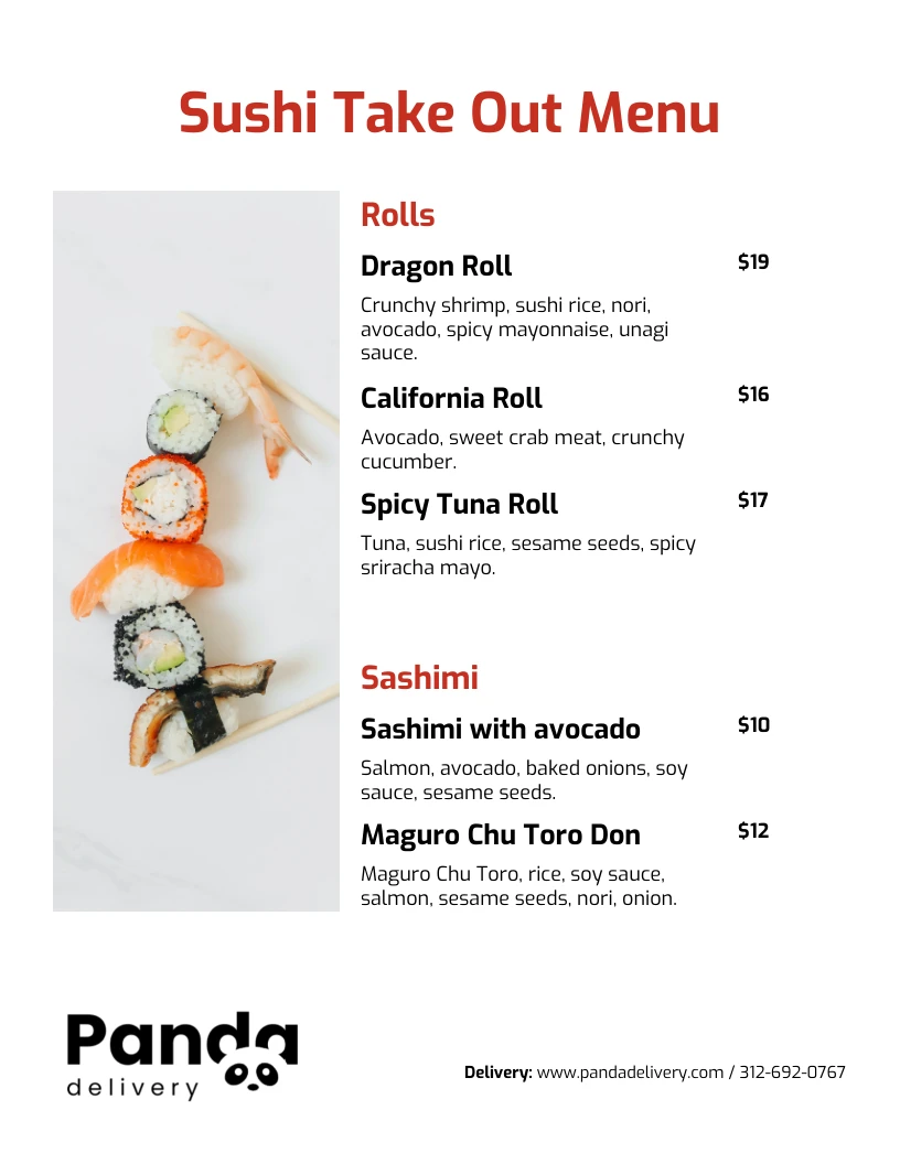 Red Sushi Take Out Menu - Venngage