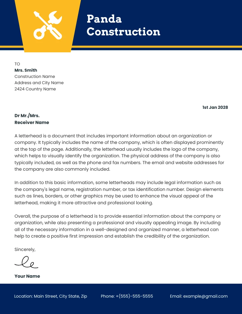 Blue And Yellow Modern Construction Letterhead Template - Venngage