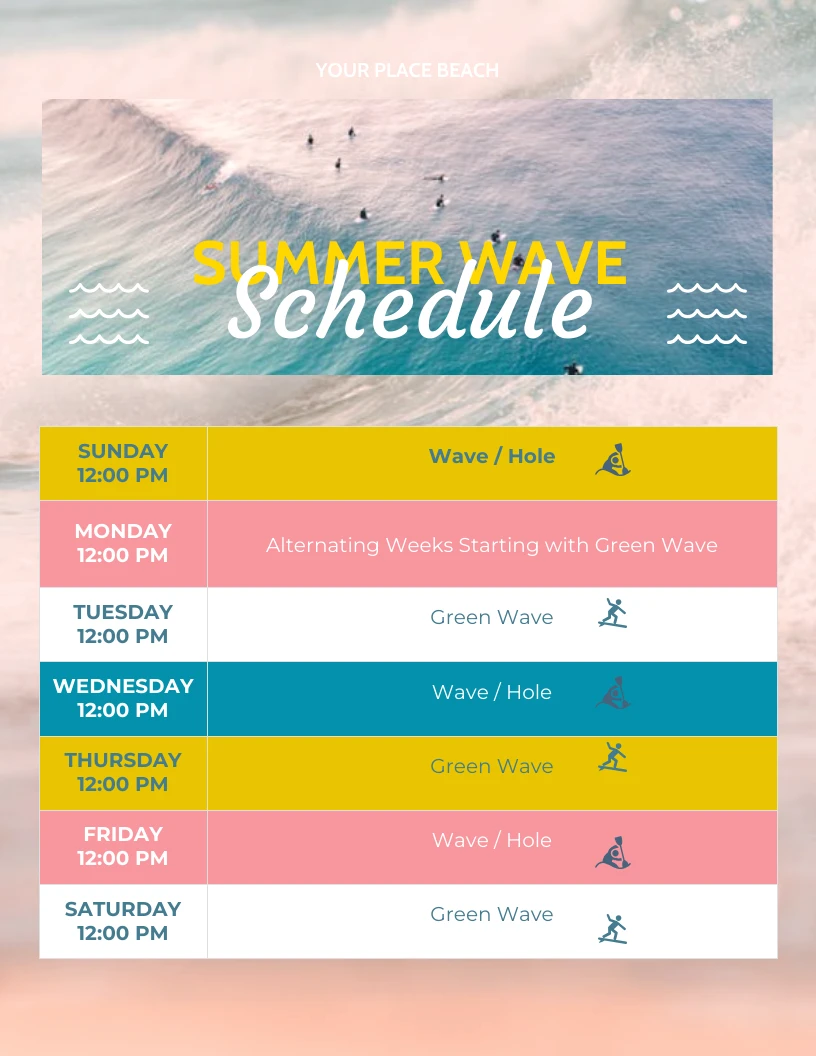 Green Blue Summer Wave Beach Schedule Template - Venngage