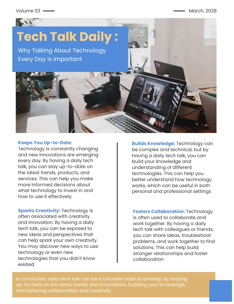 Blue Yellow Tech Talk Daily Newsletter Template - Venngage