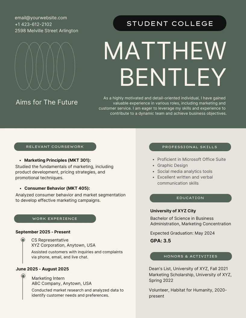 Green Sage College Resume Template - Venngage