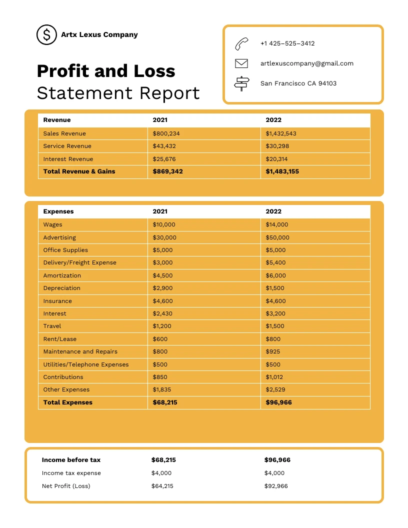 Profit And Loss Format Template - Venngage