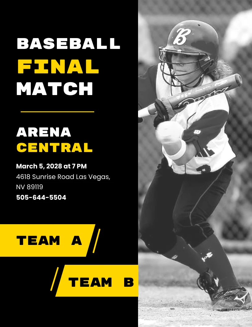 Black and Yellow Bold Baseball Match Poster Template - Venngage