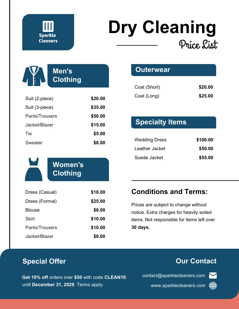 Dry Cleaning Price List Template - Venngage