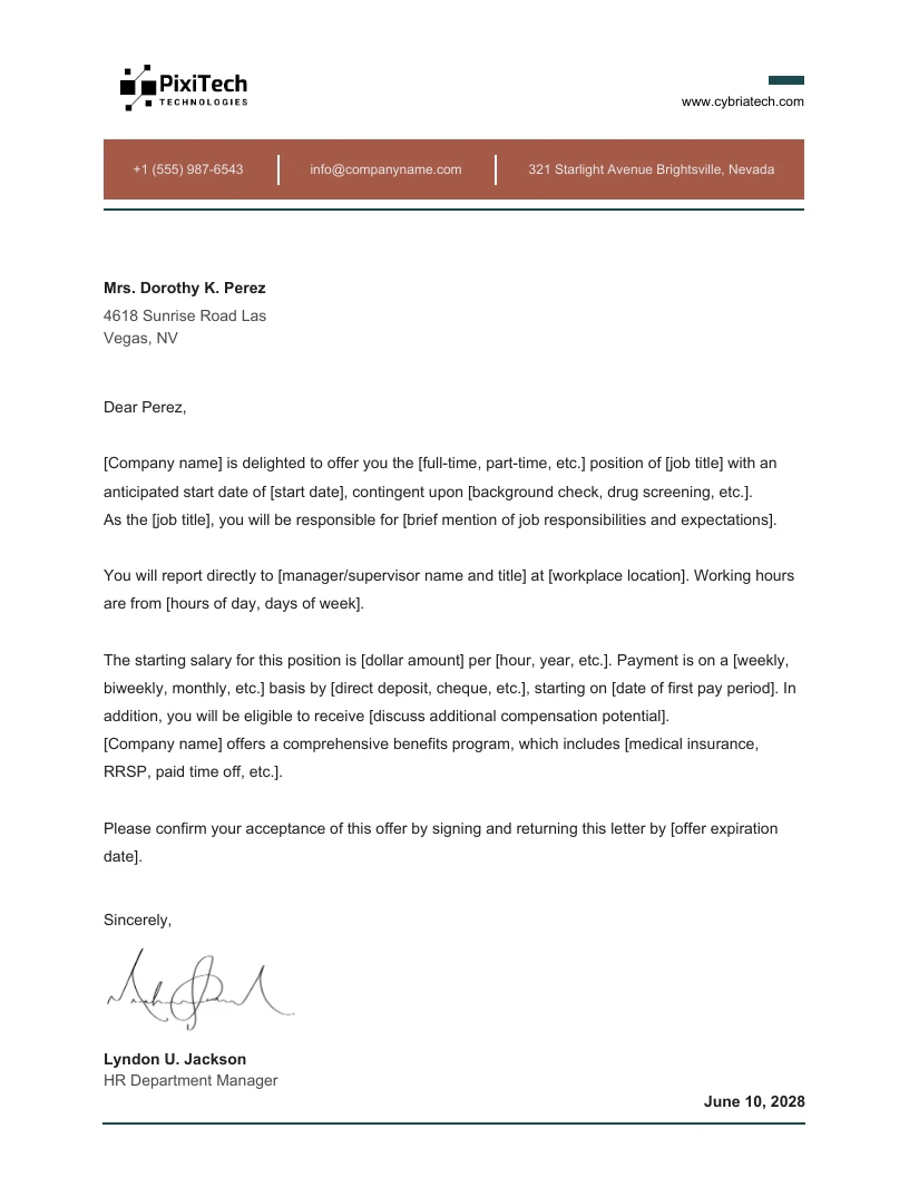 White, Brown & Green Offer Letters - Venngage