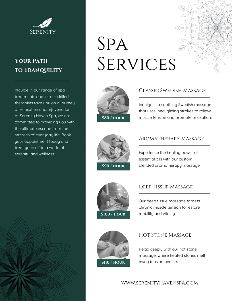 Emerald Green Serenity SPA Services Price List Template - Venngage