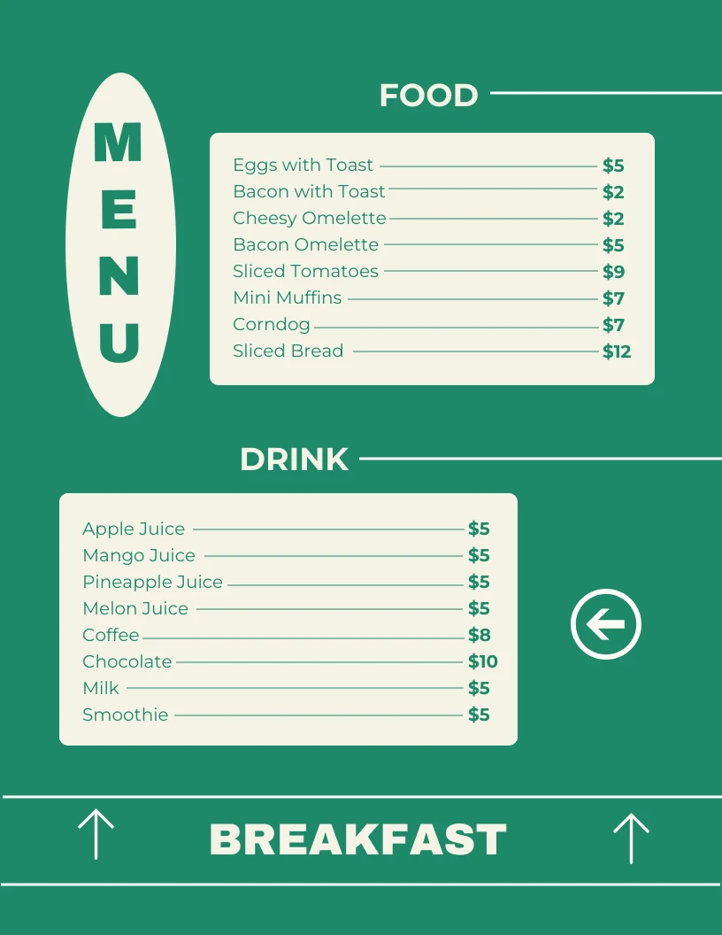 Green And Beige Simple Breakfast Menu - Venngage