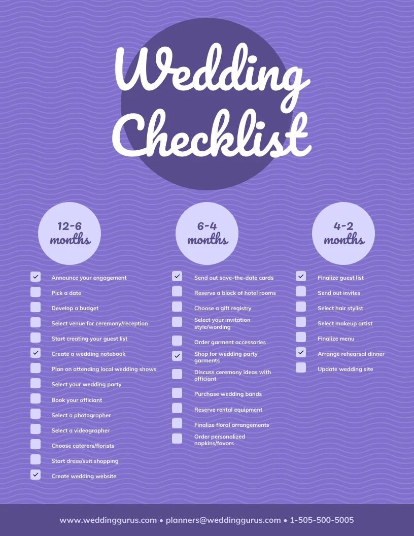 Purple Circle Wedding Checklist Template - Venngage