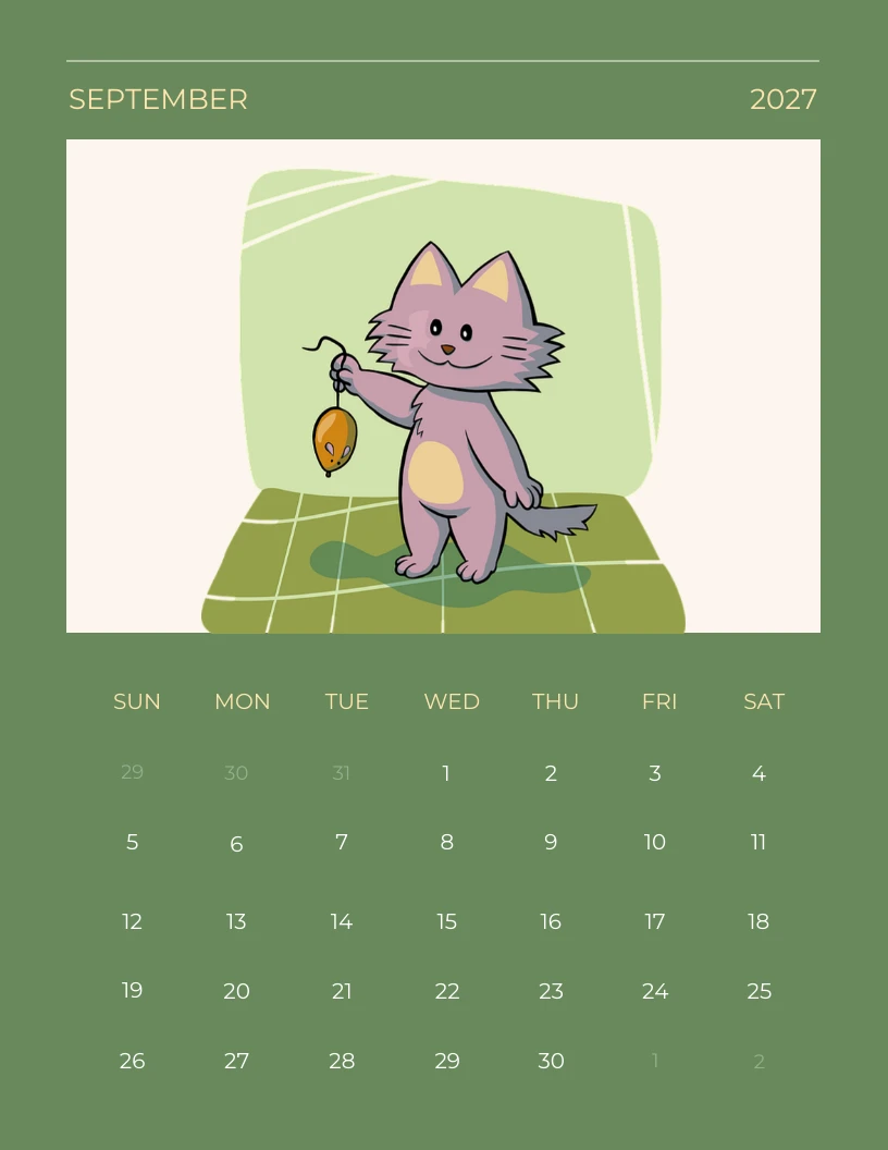 Green Cat Calendar 2027 Template - Venngage