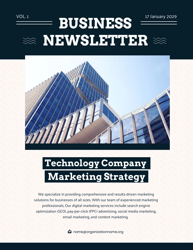 Dark Blue Technology Company Marketing Newsletter Template - Venngage