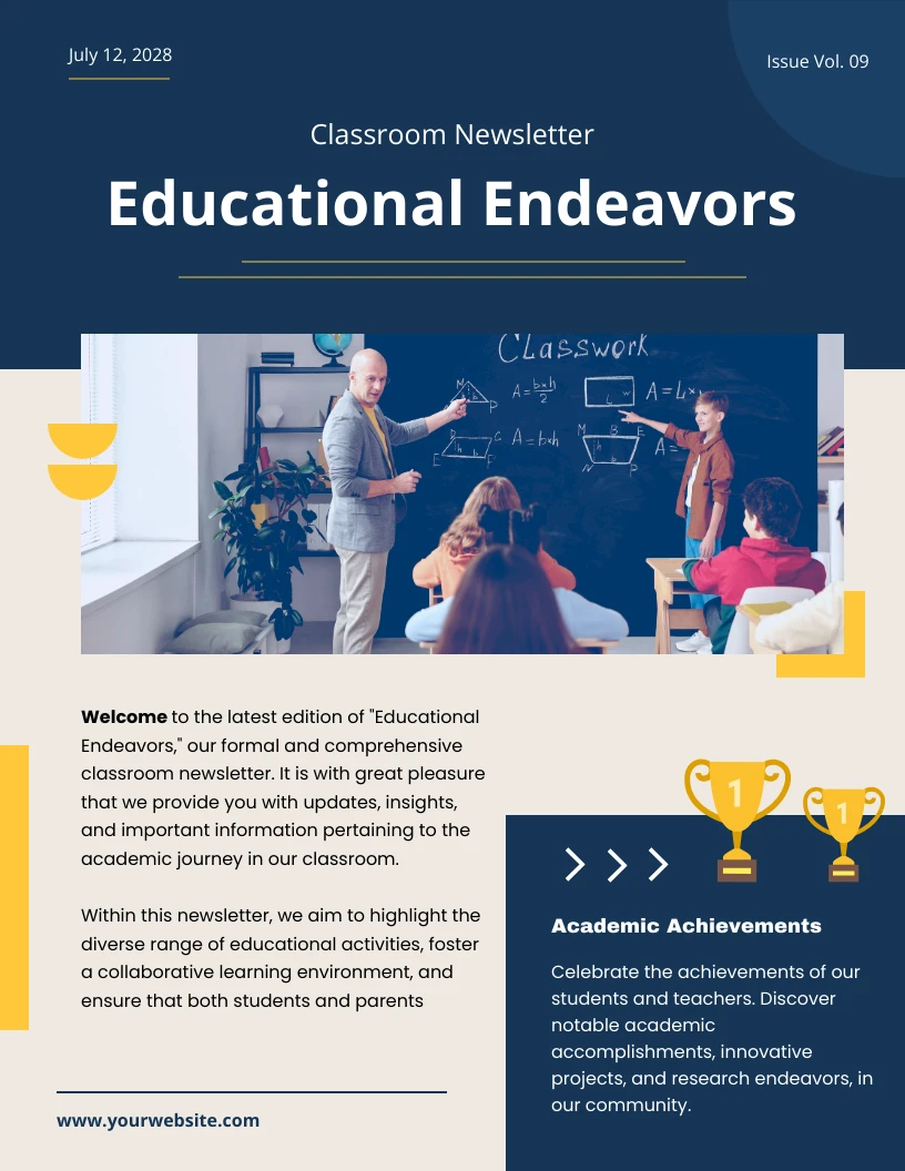 Dark Blue Gold Classroom Community Newsletter Template - Venngage