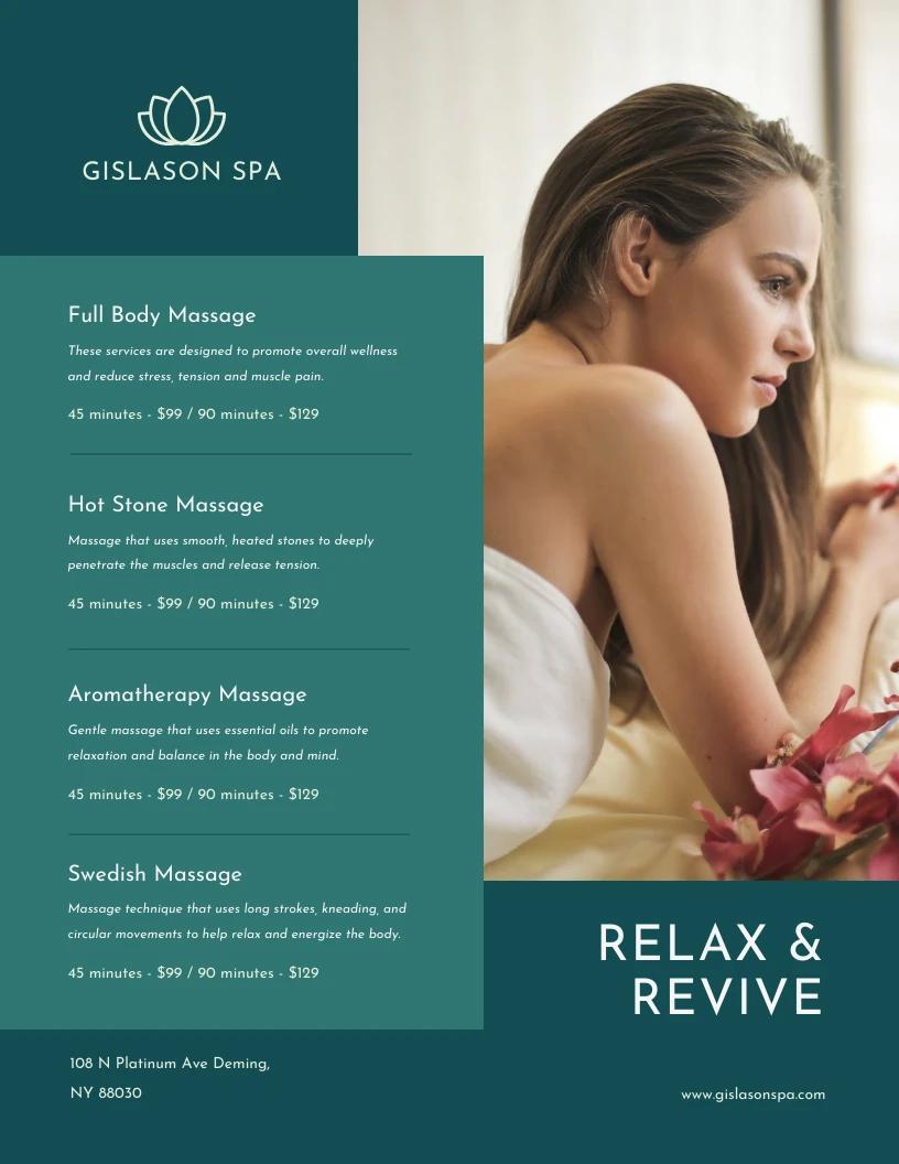 Teal Modern Spa Menu - Venngage