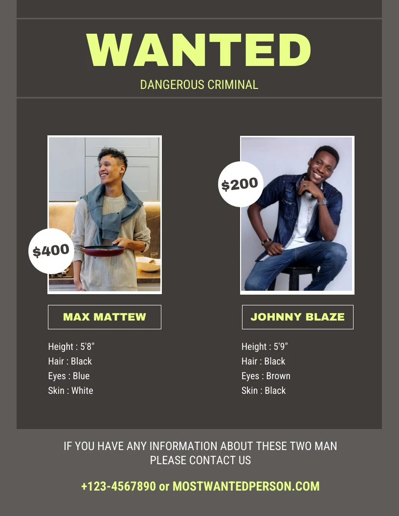 Grey And Yellow Minimalist Most Wanted Criminal Poster - Venngage