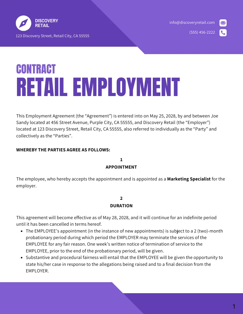 Retail Employment Contract Template - Venngage
