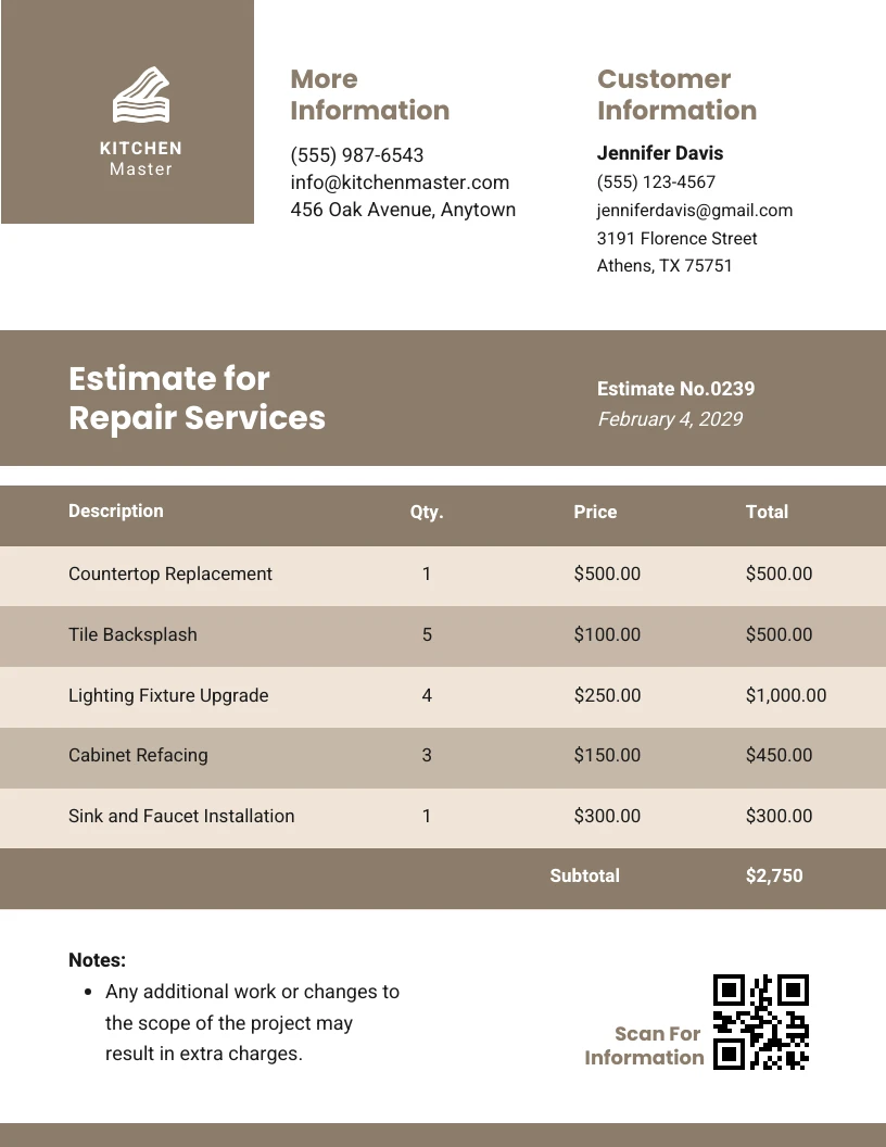 Simple Kitchen Repair Services Estimate Template - Venngage