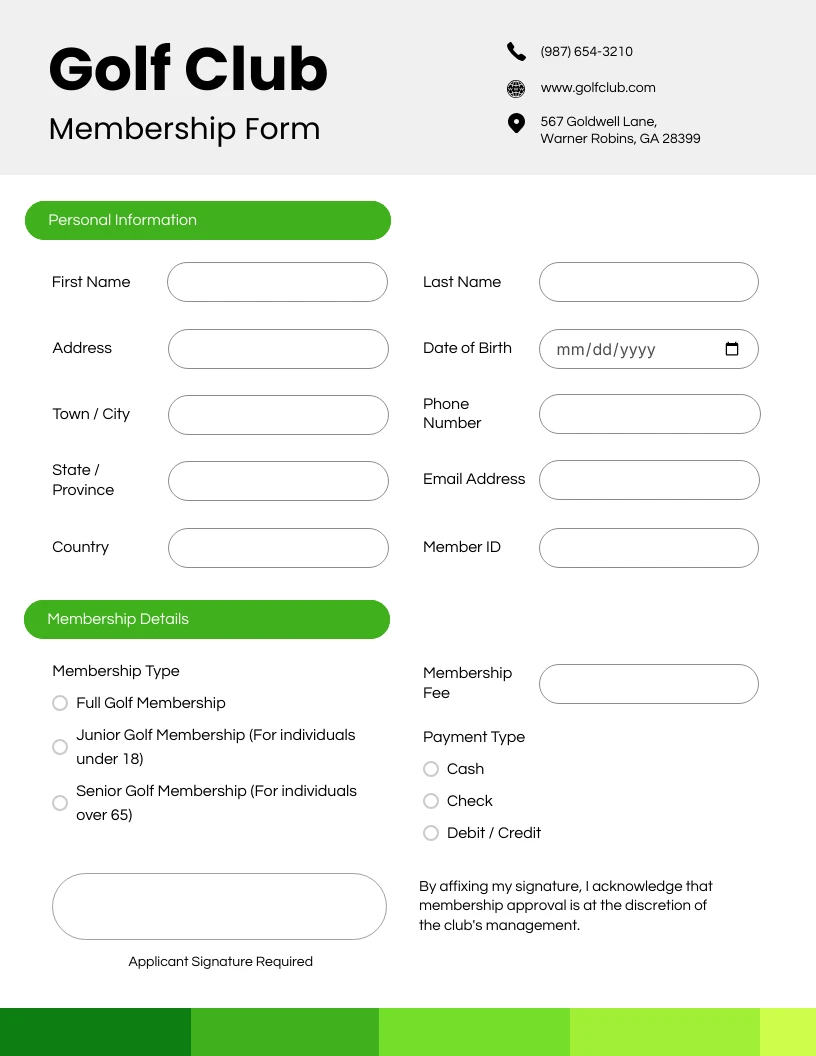 Golden Fizz Golf Club Membership Form Template - Venngage