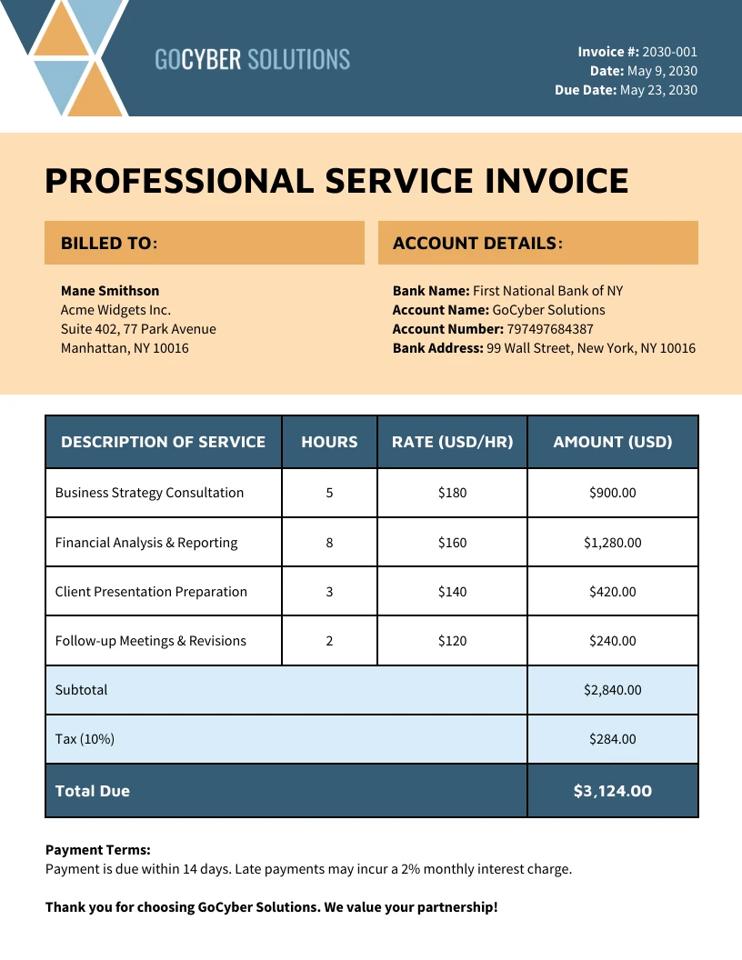 Professional Services Invoice Table Chart Template - Venngage