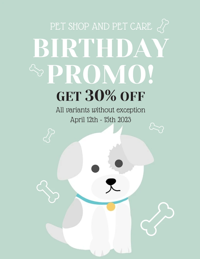 Pet Shop Birthday Promo Offer Flyer Template - Venngage