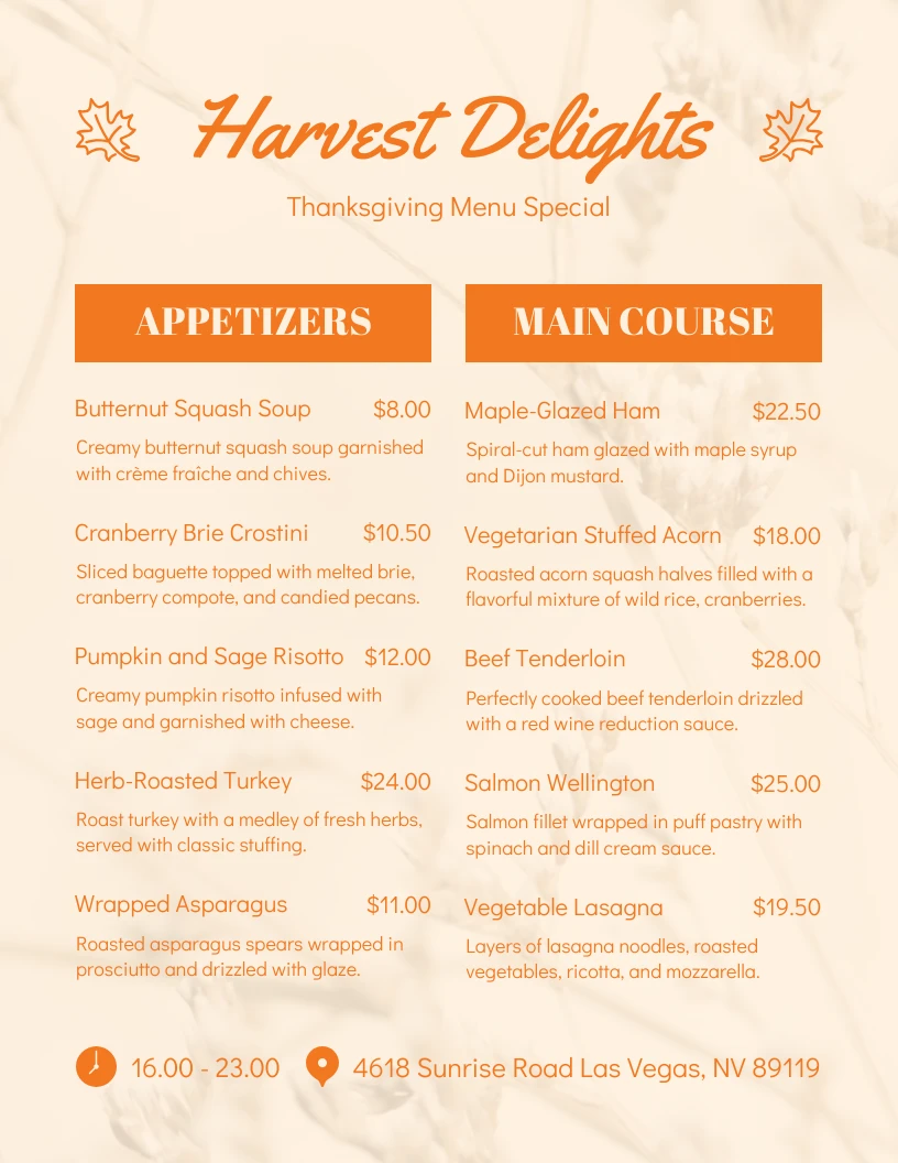 Light Yellow And Orange Modern Texture Thanksgiving Menu - Venngage