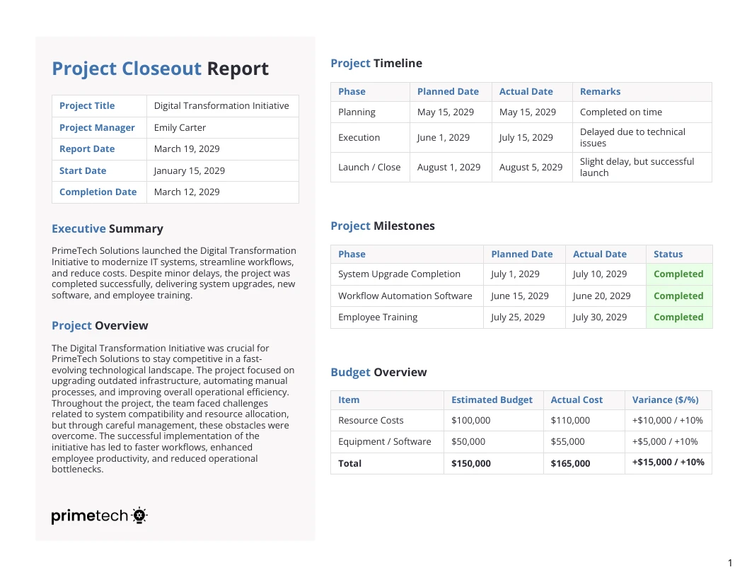 Project Closeout Report Template - Venngage