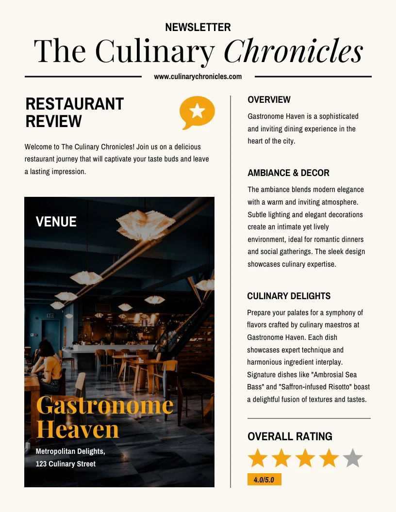 Restaurant Reviews Newsletter Template - Venngage