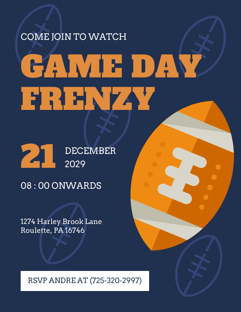 Dark Blue And Orange Football Game Invitation - Venngage