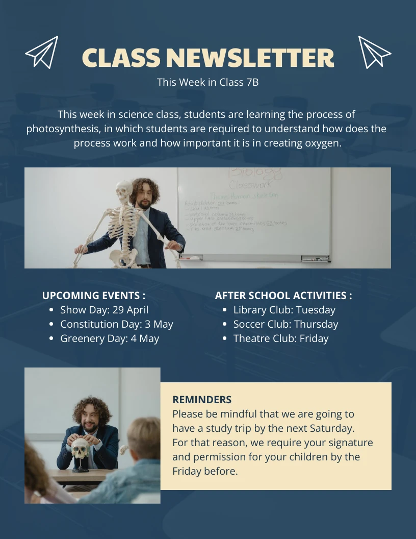 Dark Blue Classic School Class Newsletter Template - Venngage