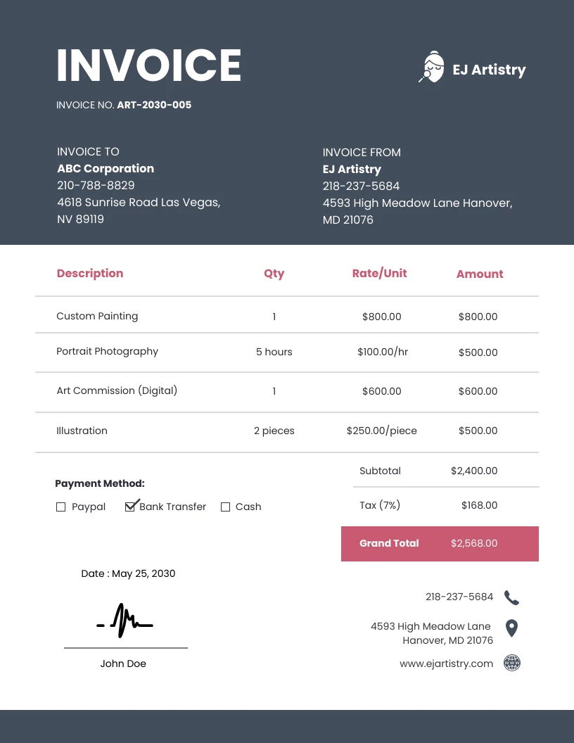 Digital Art Work Service Invoice Template - Venngage