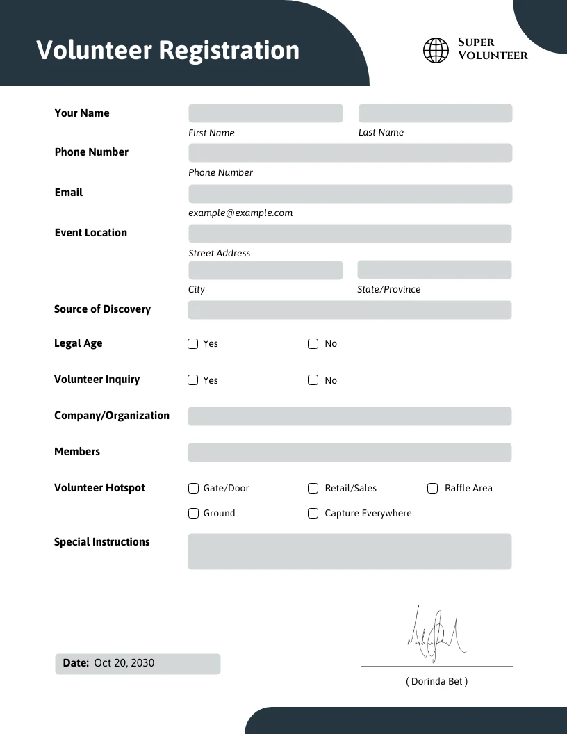 Simple Volunteer and Community Service Form Template - Venngage