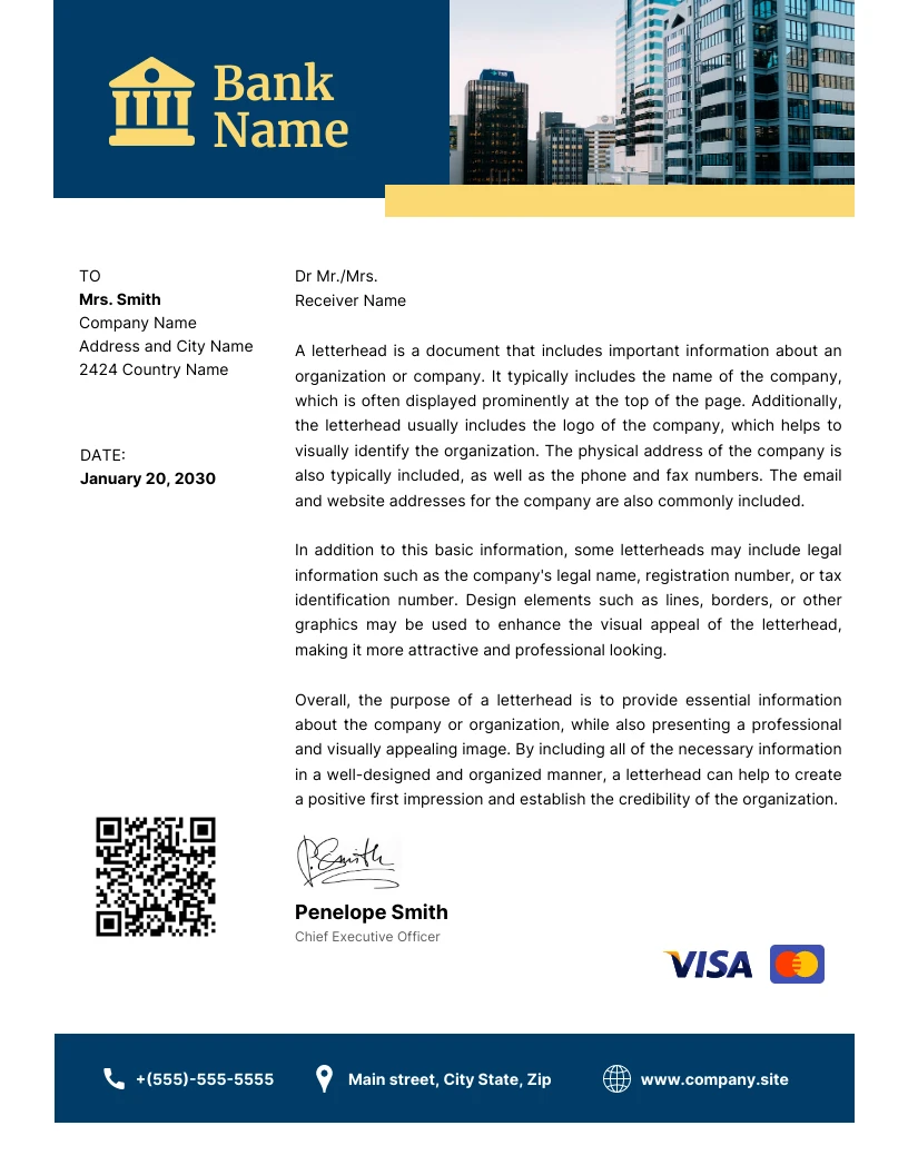 Blue And Yellow Minimalist Bank Letterhead Template - Venngage