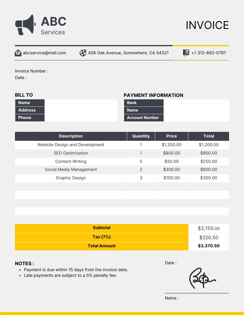 Dark Gray Yellow Service Invoice Template - Venngage