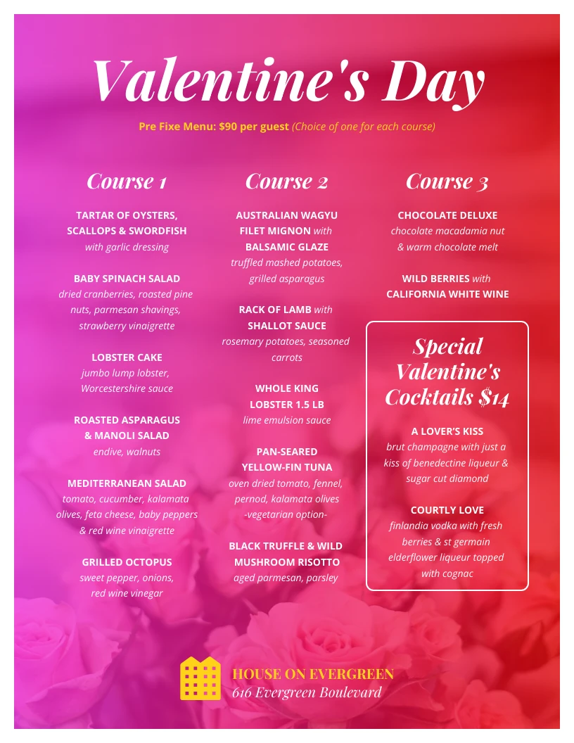 Pink Valentine's Day Pre Fixe Restaurant Menu - Venngage