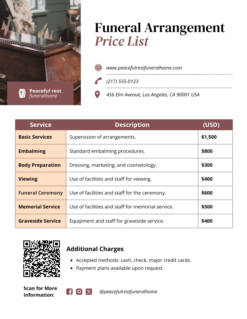 Funeral Arrangement Price List Template - Venngage