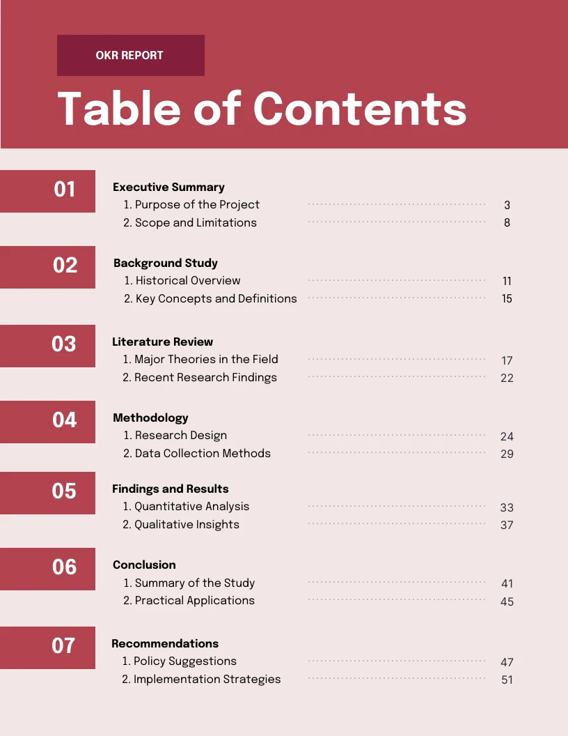 Peach Maroon OKR Report Table of Contents Template - Venngage