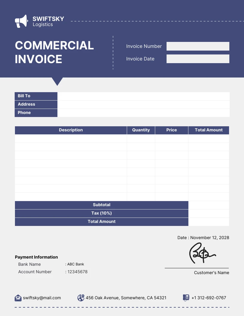 Blue Gray Blank Logistics Commercial Service Invoice Template - Venngage