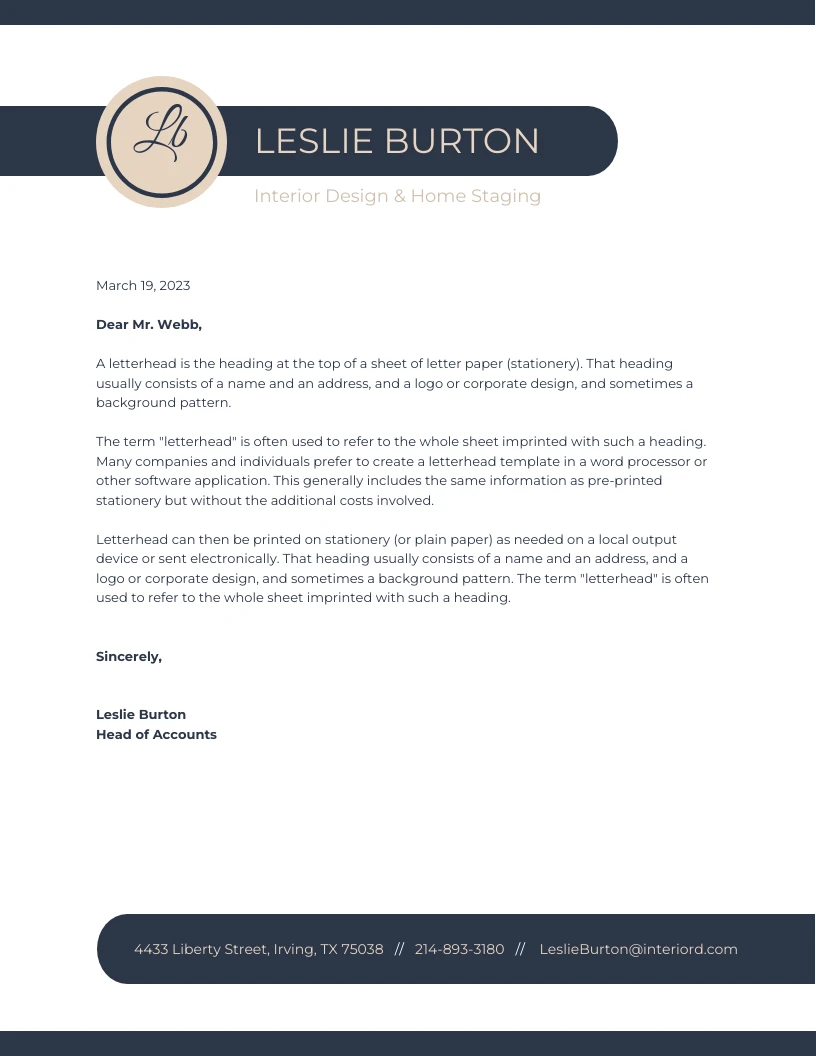 Interior Design Services Business Letterhead - Venngage