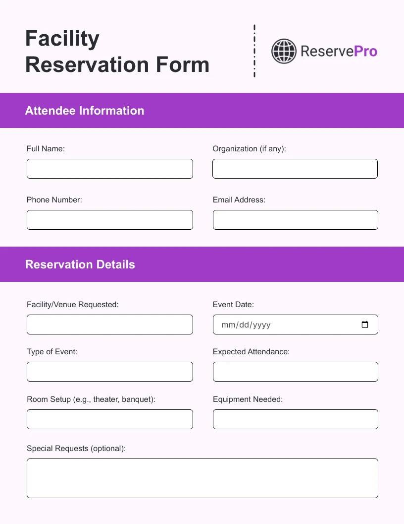 Electric Violet Facility Reservation Form Template - Venngage