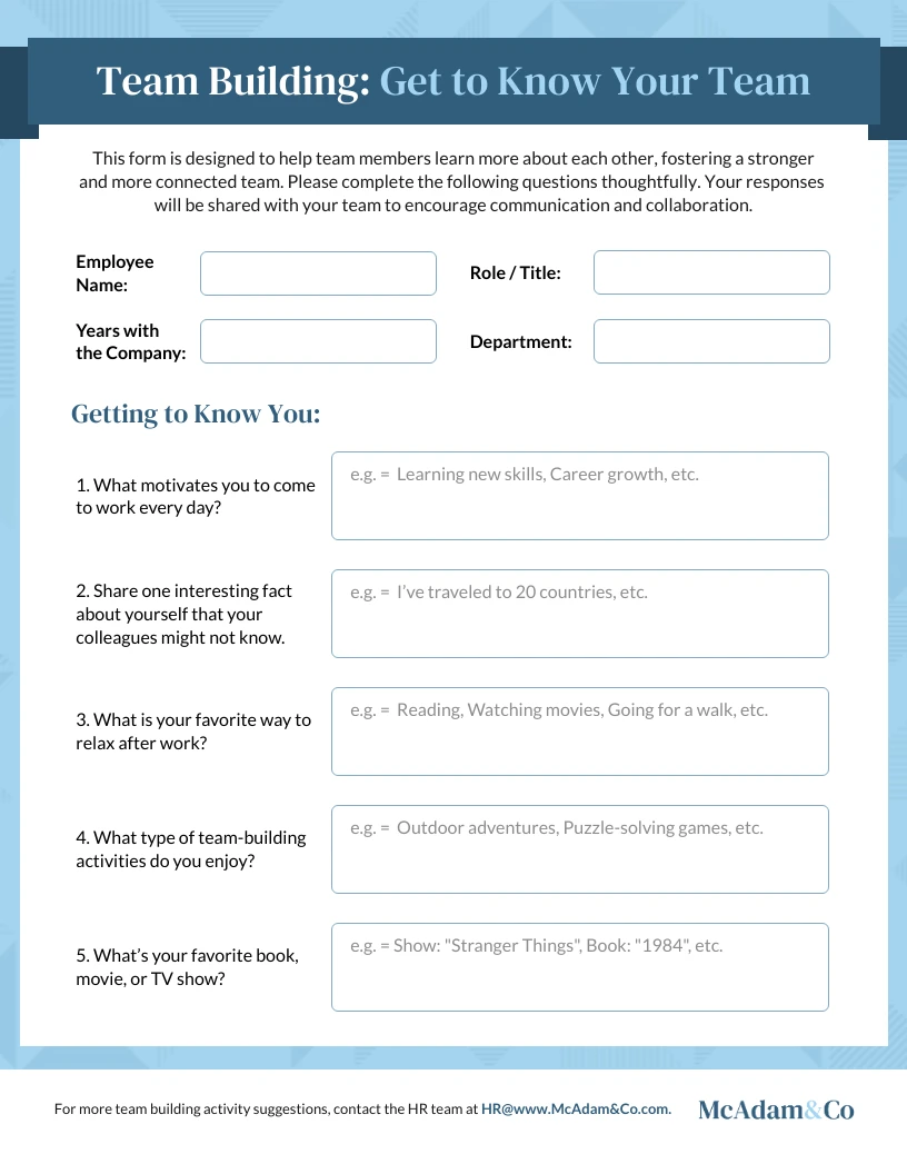 Team Building Conheça sua equipe Formulários de RH - Venngage