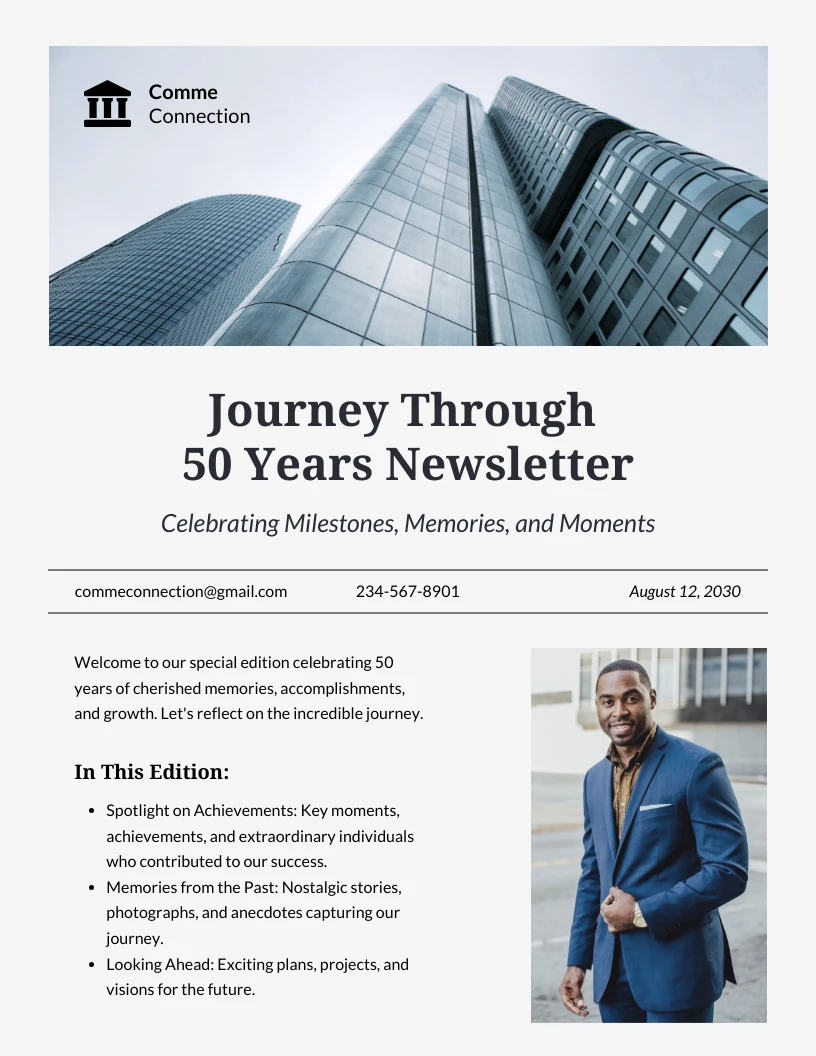 Journey Through 50 Years Newsletter Template - Venngage