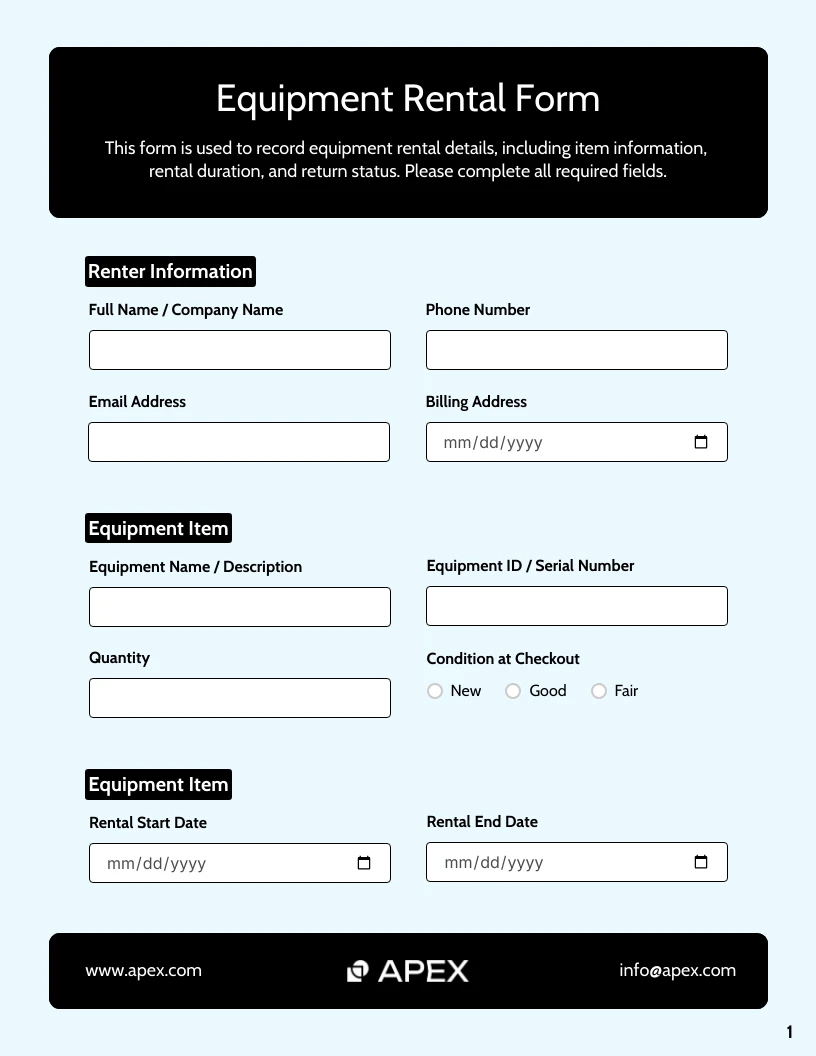 Equipment Rental Form Template - Venngage