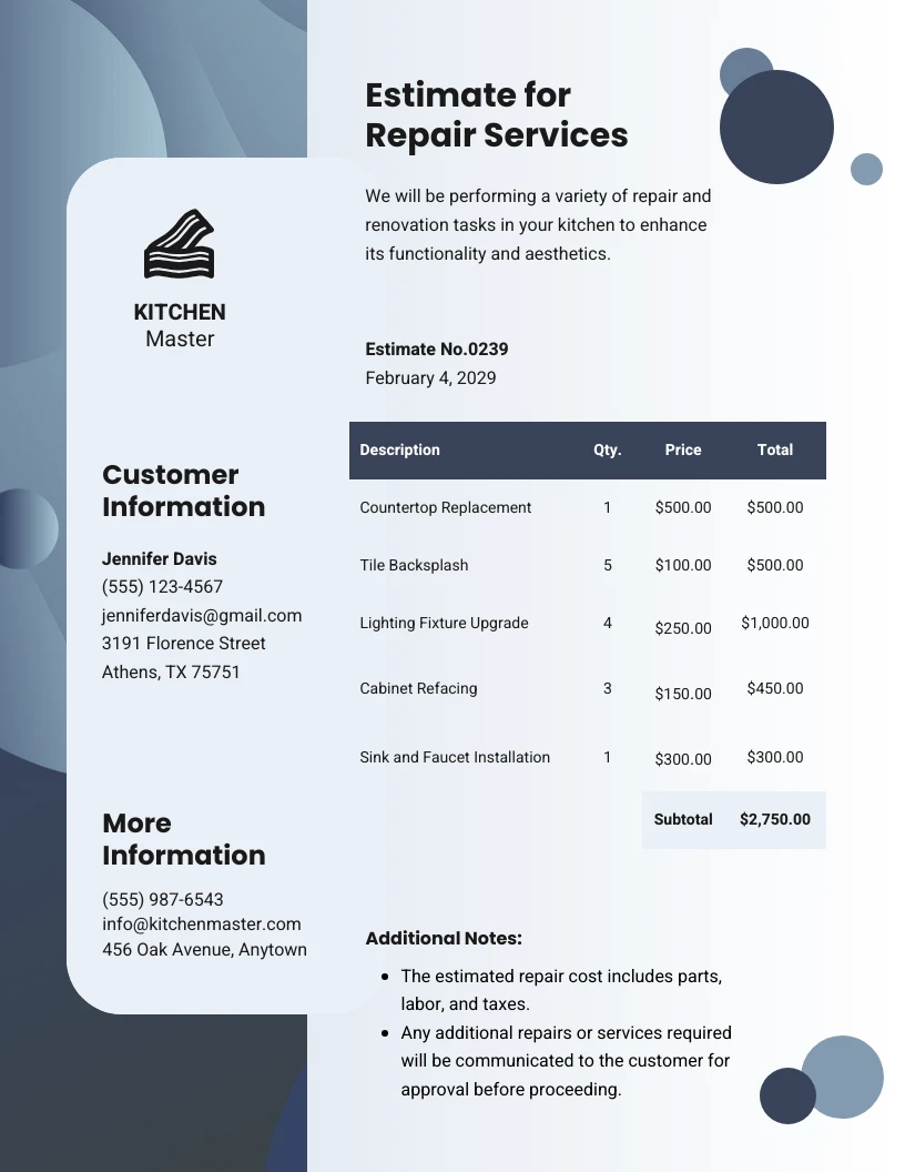 Kitchen Repair Services Estimate Template - Venngage