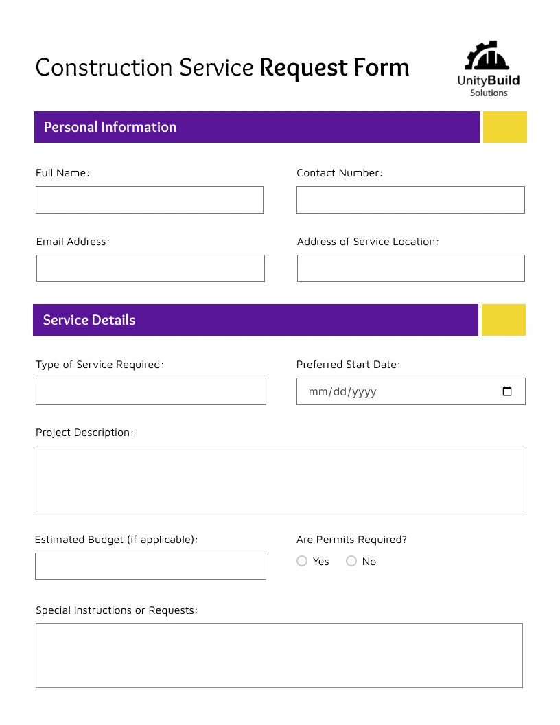 Mirage Construction Service Request Form Template - Venngage