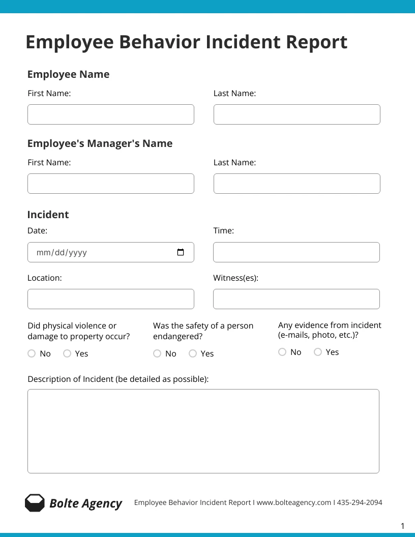 Workplace Incident Report Template Downloadable Employee Injury Report