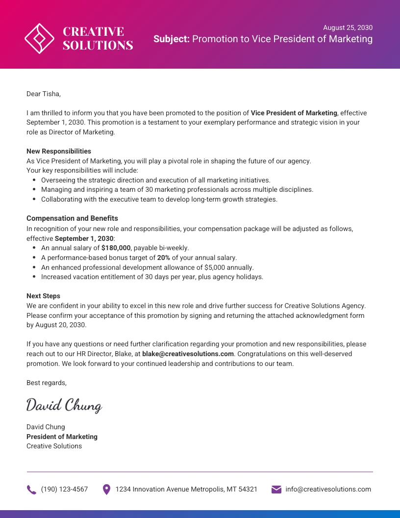 Gradient Modern Professional Promotion Letters - Venngage