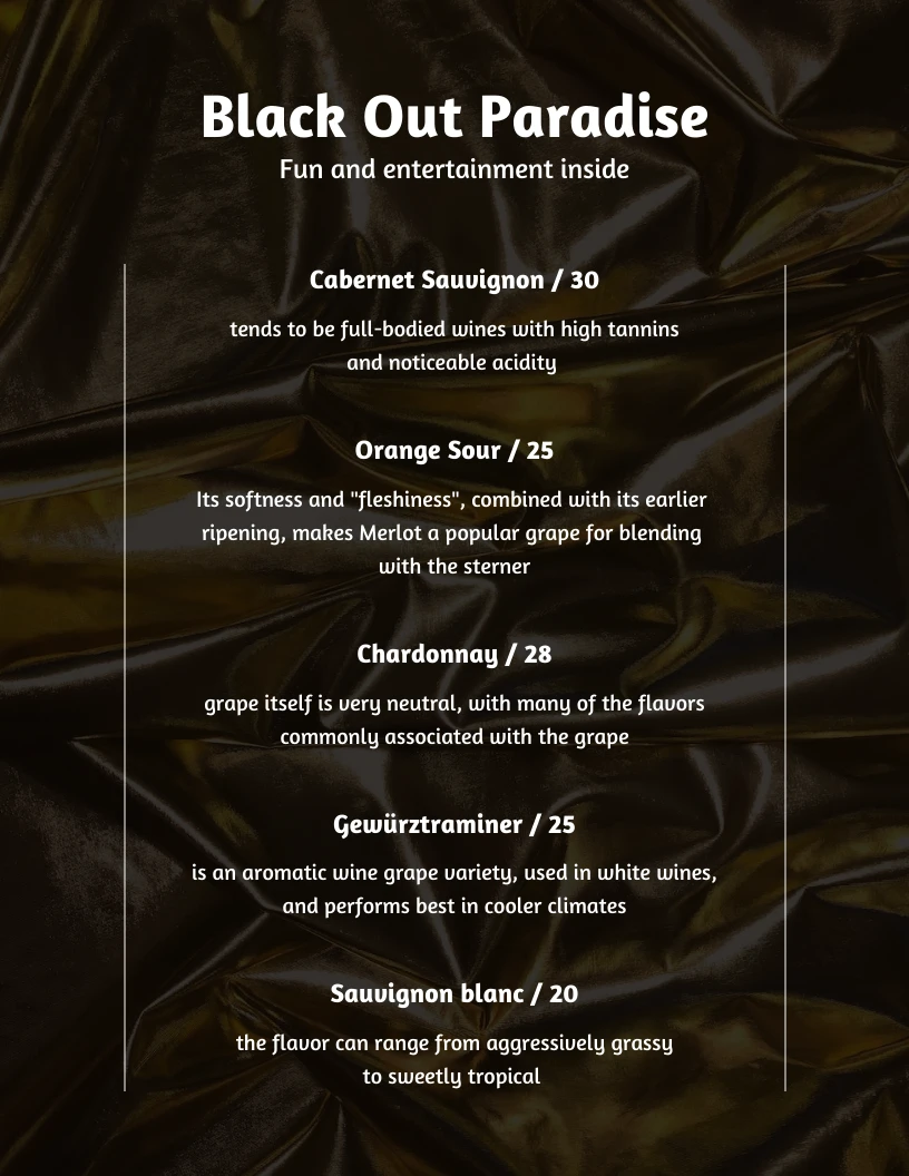 Black Classic Texture Wine Menu - Venngage