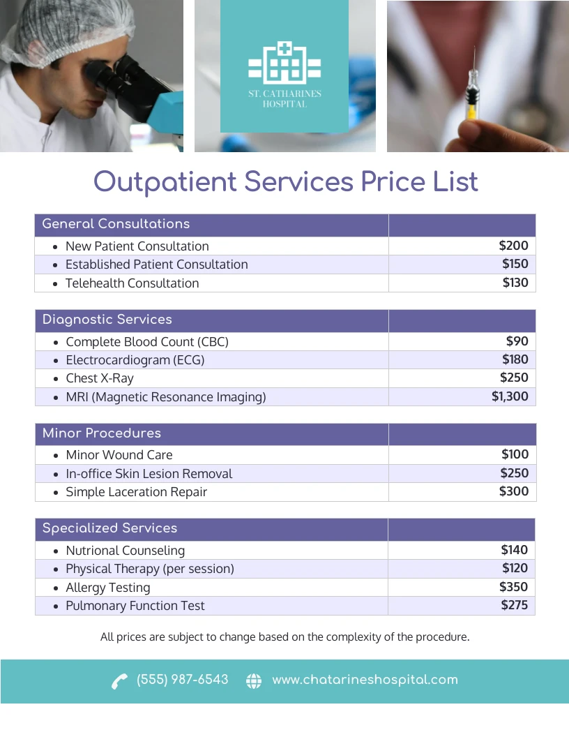 Outpatient Services Price List Template - Venngage