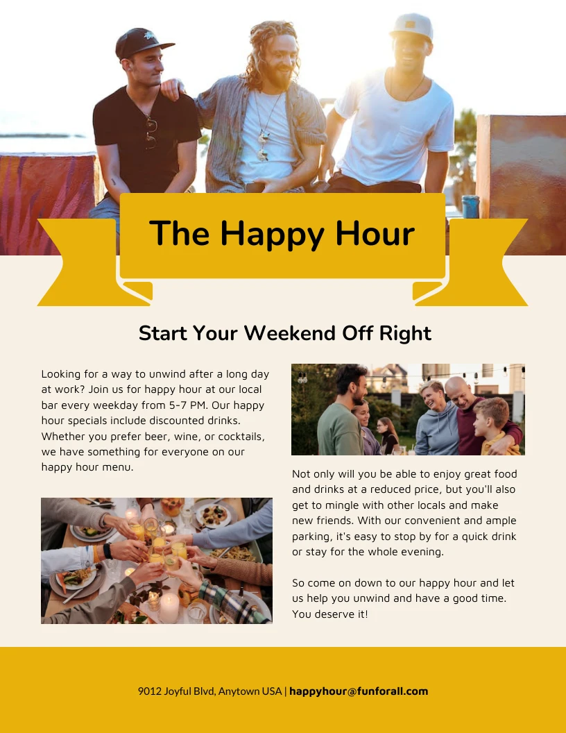 Light Yellow Happy Hour Fun Event Newsletter Template - Venngage