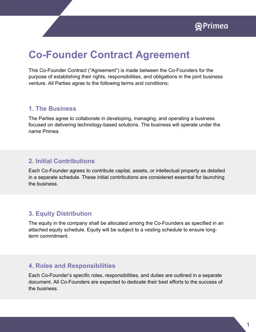 Co-Founder Contract Template - Venngage