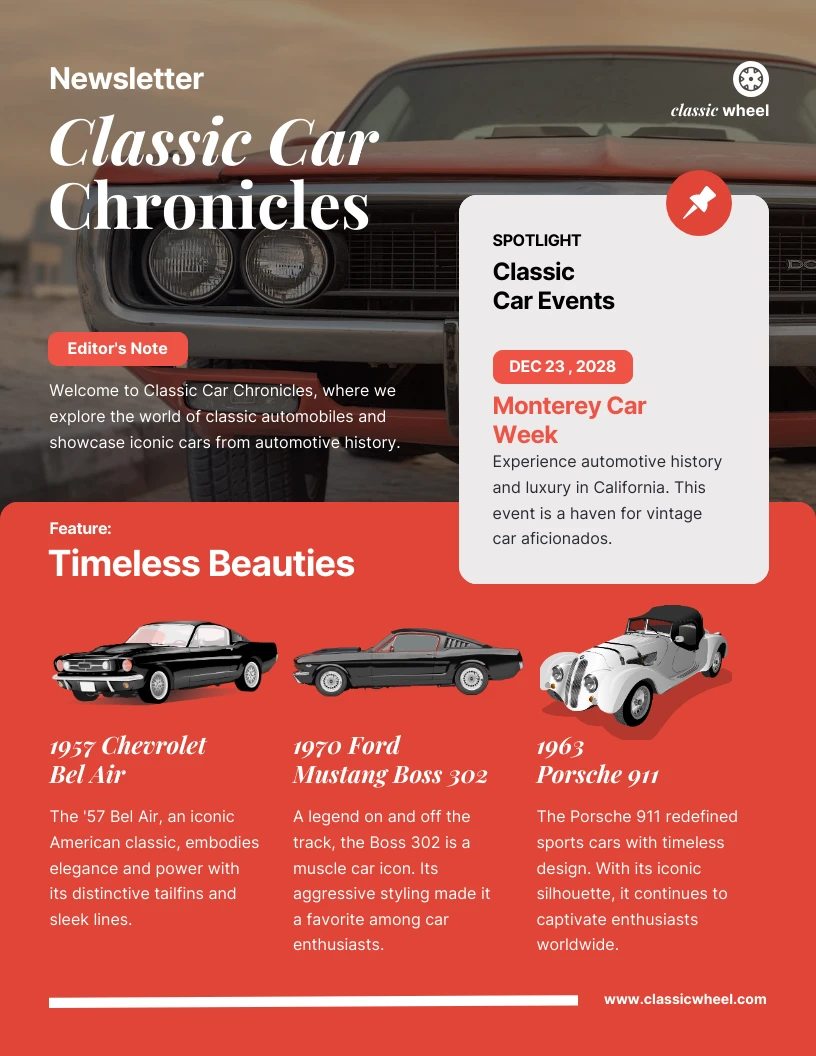 Classic Car Highlights Newsletter Template - Venngage